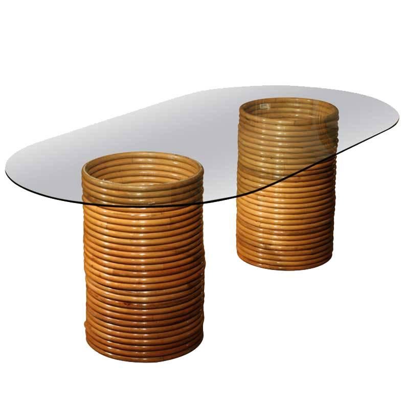 Stacked Rattan Dining Table with Oval Glass Top at 1stDibs