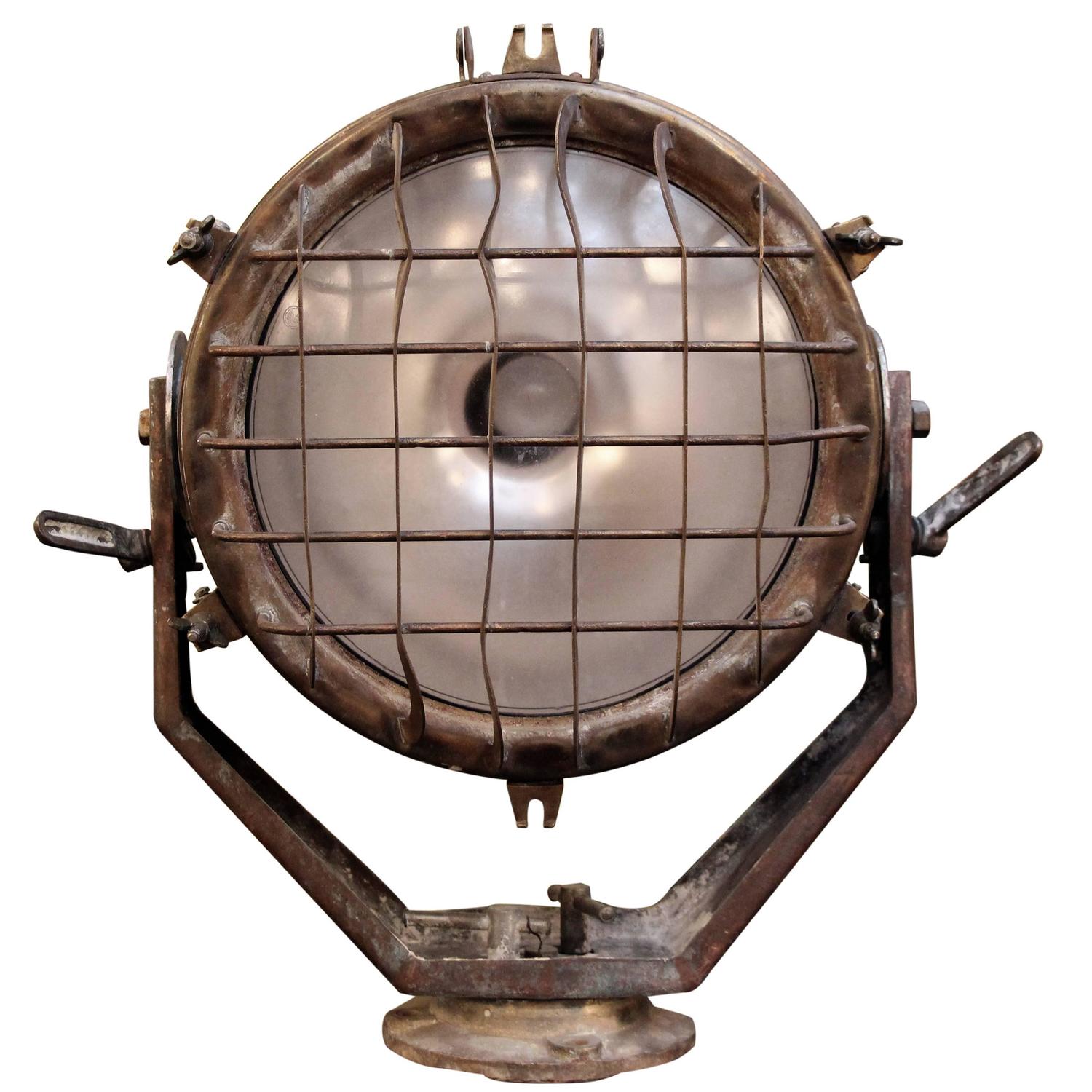 1930s Adjustable Large Brass Ship Spotlight with Wire Cage For Sale at ...