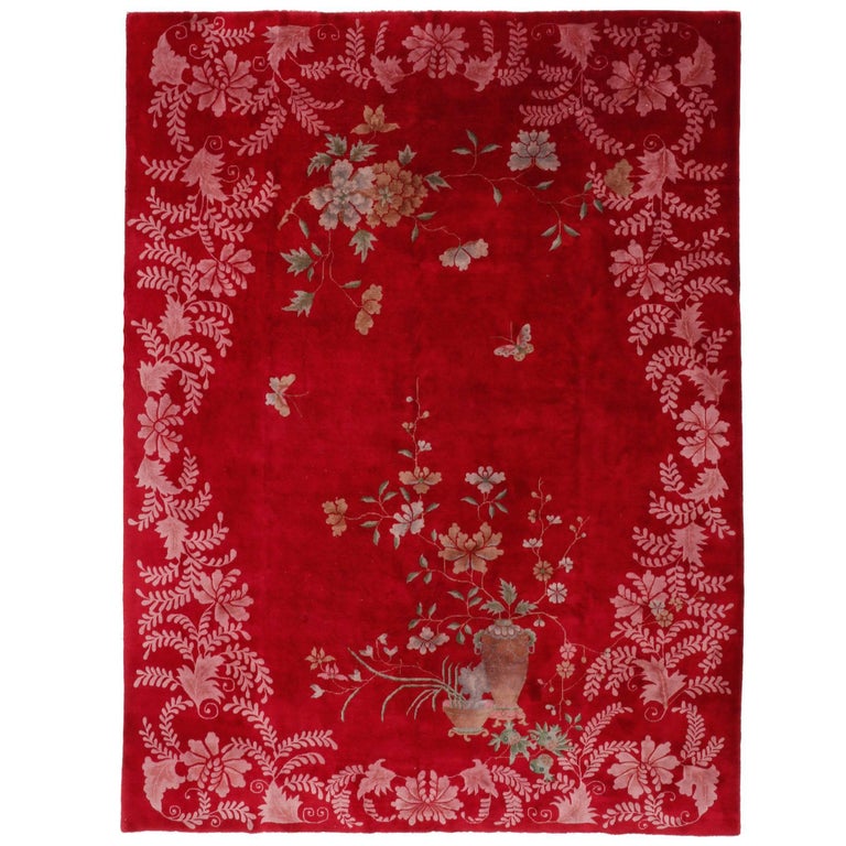 Stunning Lacquer Red Chinese Art Deco Carpet For Sale at 1stDibs