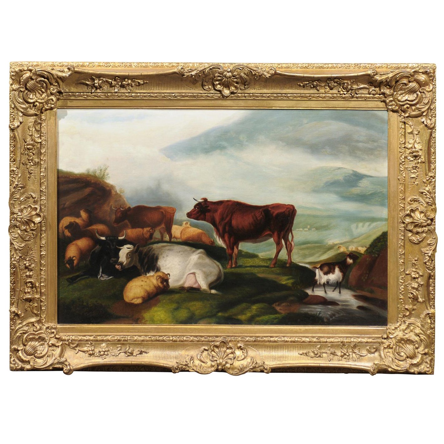 Painting of Cows and Sheep in a Peaceful Pastoral Setting at 1stDibs