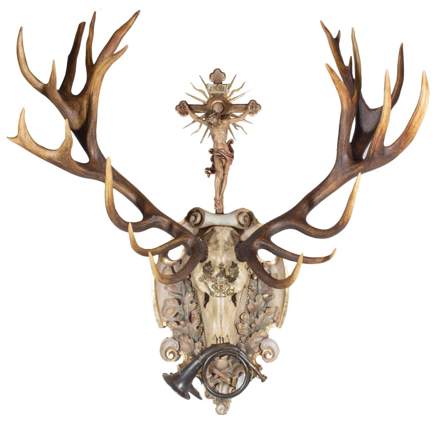 St. Hubertus Red Stag Hunt Trophy with Original Hunt Horn and Crucifix ...