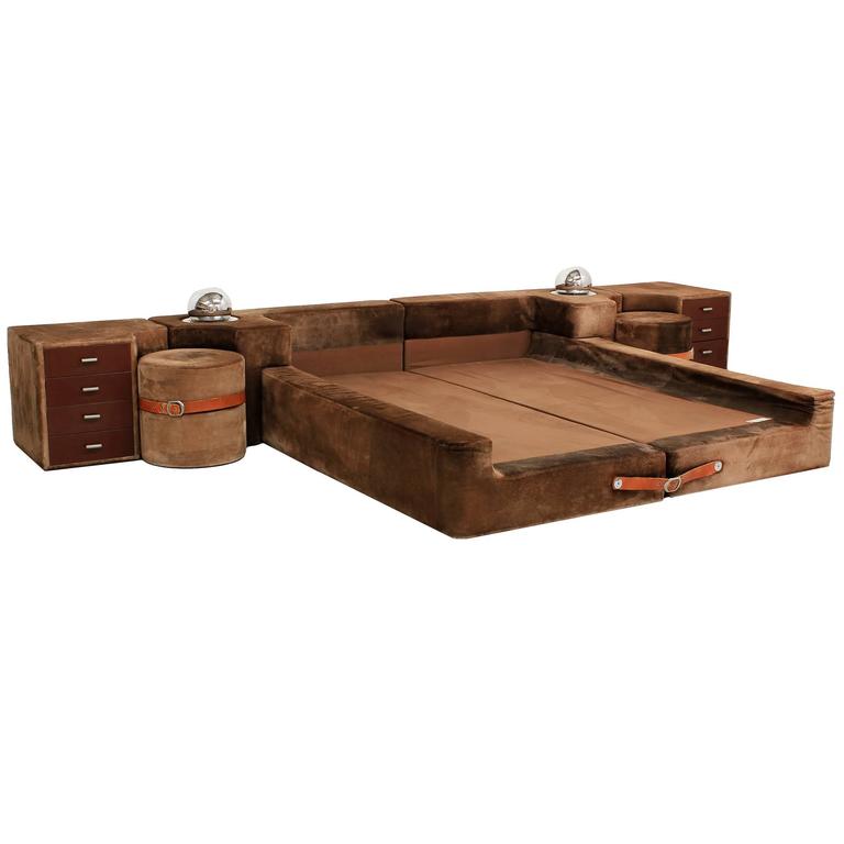 Pace Collection Suede Platform Bed and Nightstands For Sale at 1stDibs