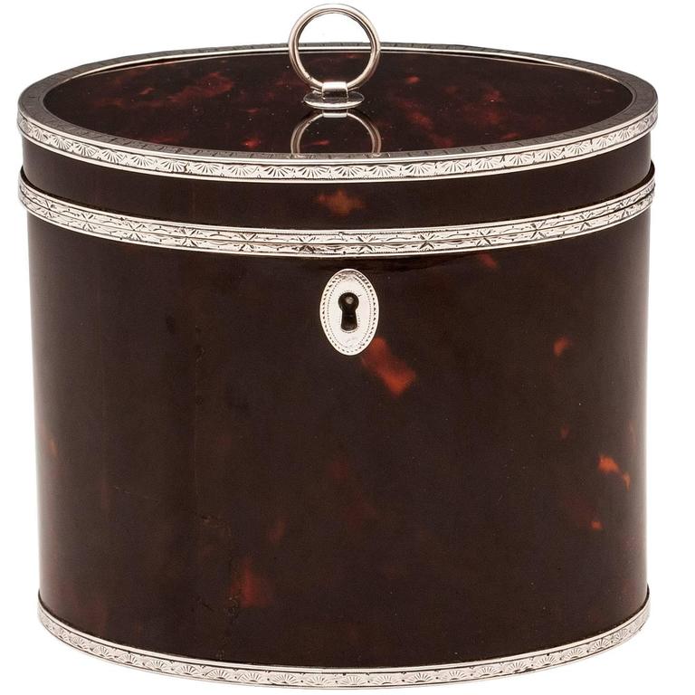 Rare Antique Red Tortoiseshell and Silver Oval Tea Caddy For Sale at ...