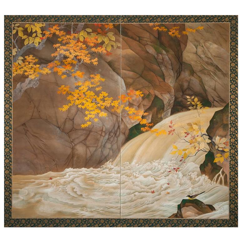 Japanese Two-Panel Screen "Waterfall and Maple Tree in Autumn Scenery ...