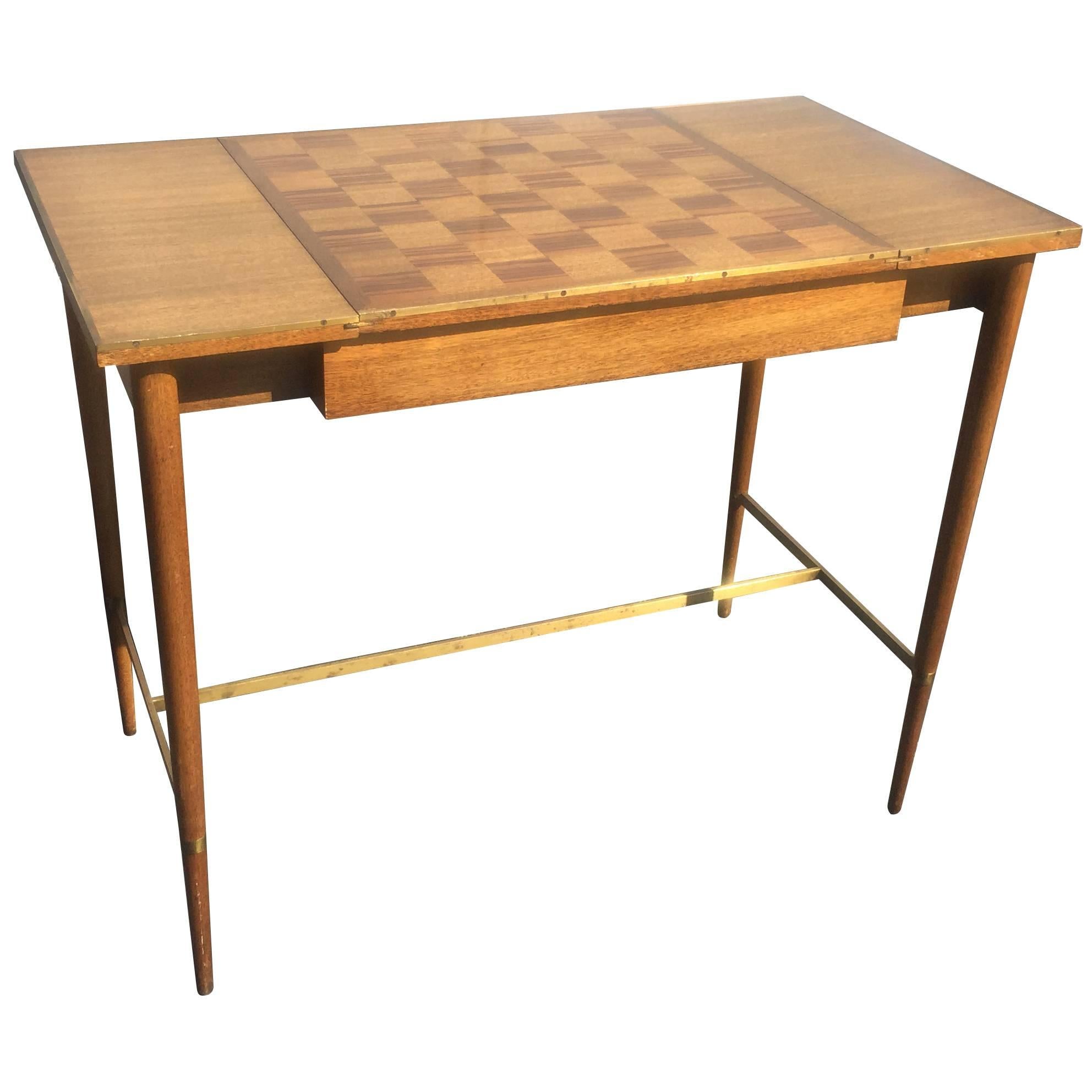 Paul McCobb Game Table with Brass Details and Inlay Top at 1stDibs