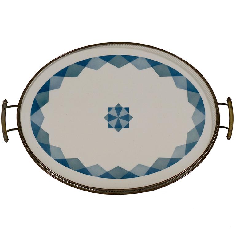 Twin-Handled Brass and Ceramic Tray at 1stDibs