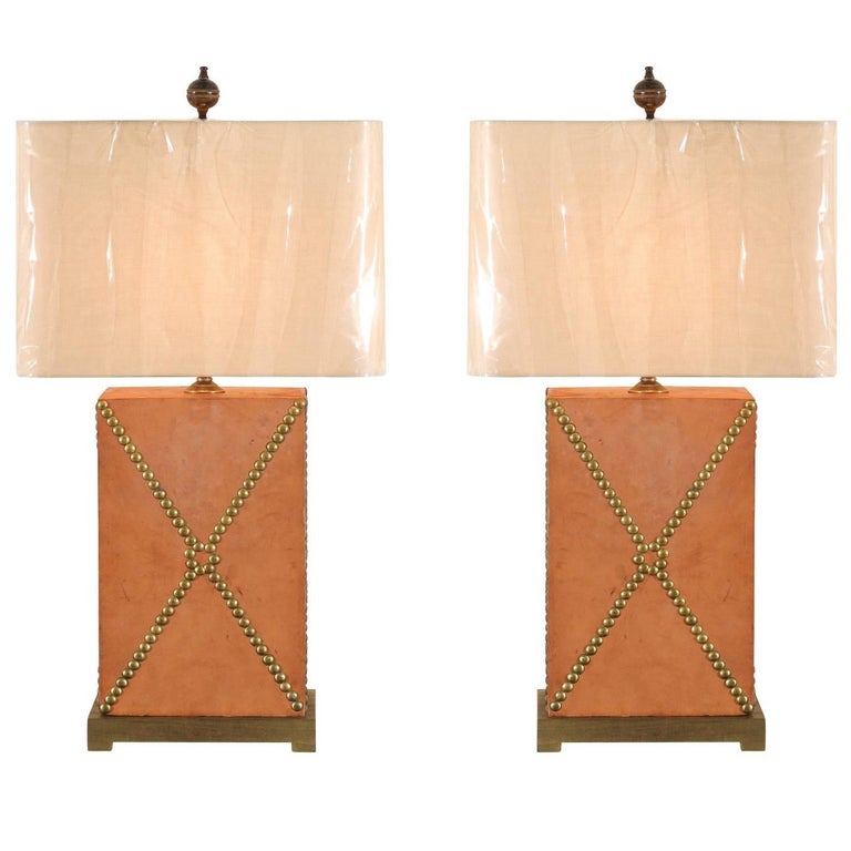 Handsome Restored Pair of Vintage Custom Studded Leather Lamps For Sale ...