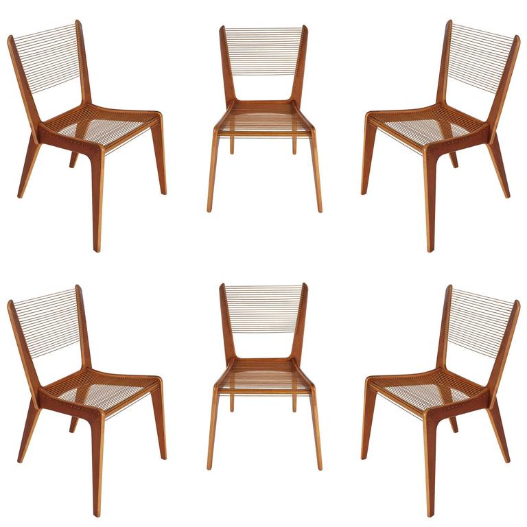 Set of Six Jacques Guillon Mid-Century Modern String Dining Chairs at ...