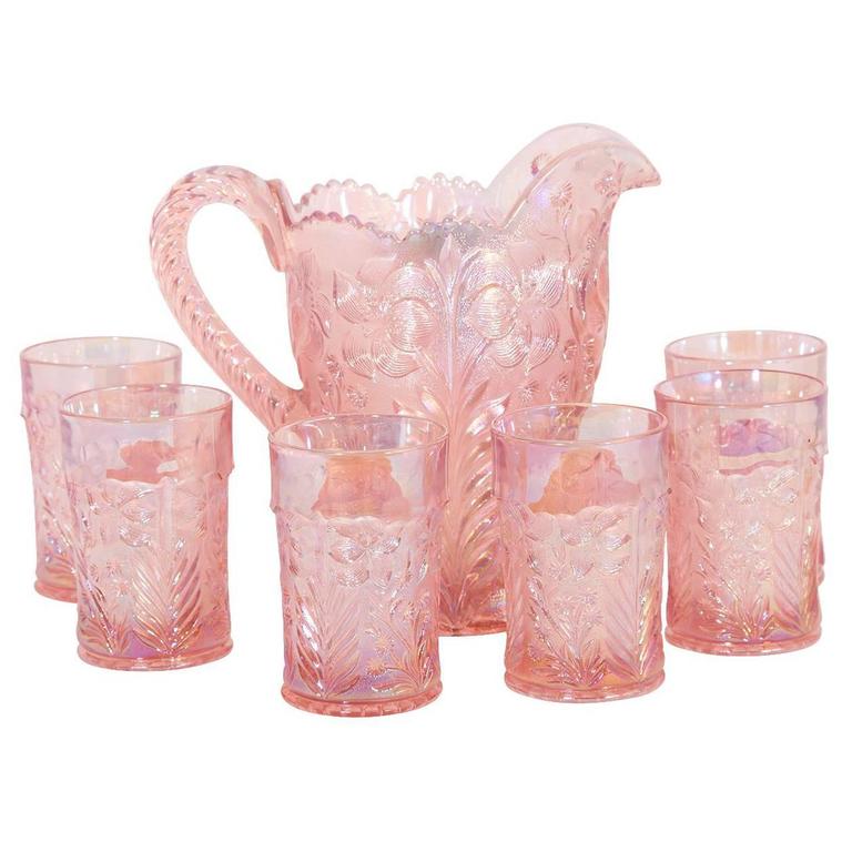 Iridescent Pink Pitcher and Glass Set at 1stDibs