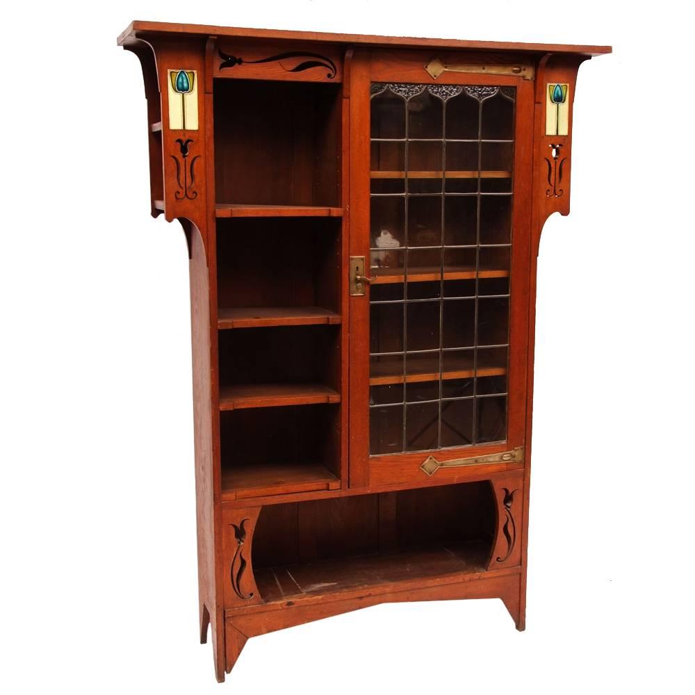 Arts and Crafts Oak Glazed Bookcase with inset period tiles For Sale at ...