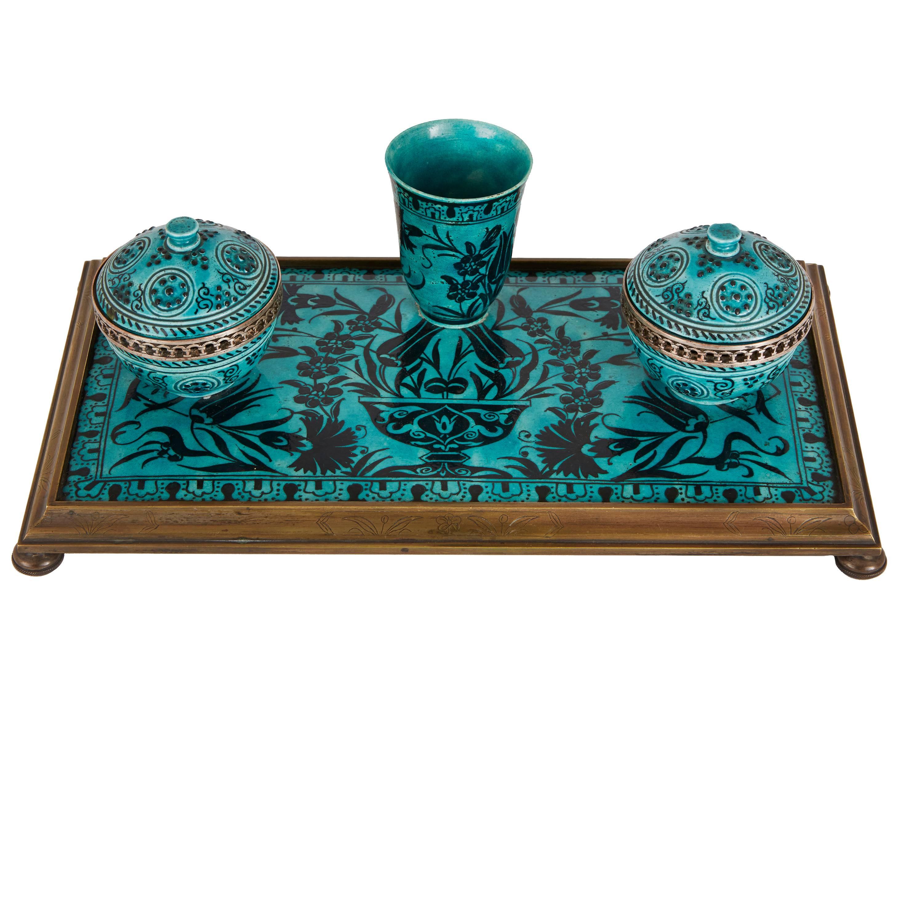 Iznik style ceramic brass mounted ink stand For Sale at 1stDibs