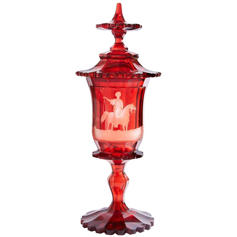 Bohemian Ruby Stained and Engraved Glass Goblet and Cover at 1stDibs