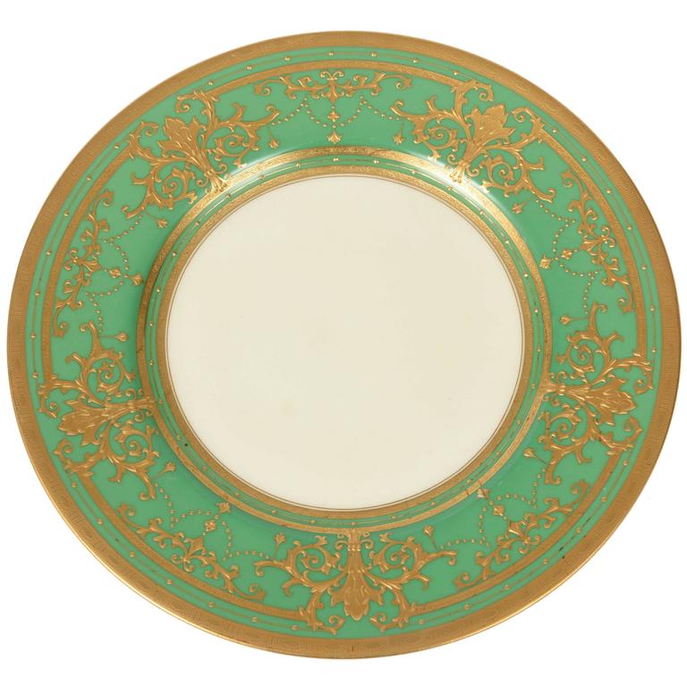 12 Elaborate Gilt Encrusted Antique Green and Gold Dinner Plates by ...