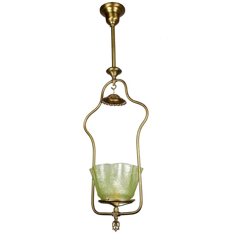 Gas Hall Harp Fixture with Art Glass Shade For Sale at 1stDibs