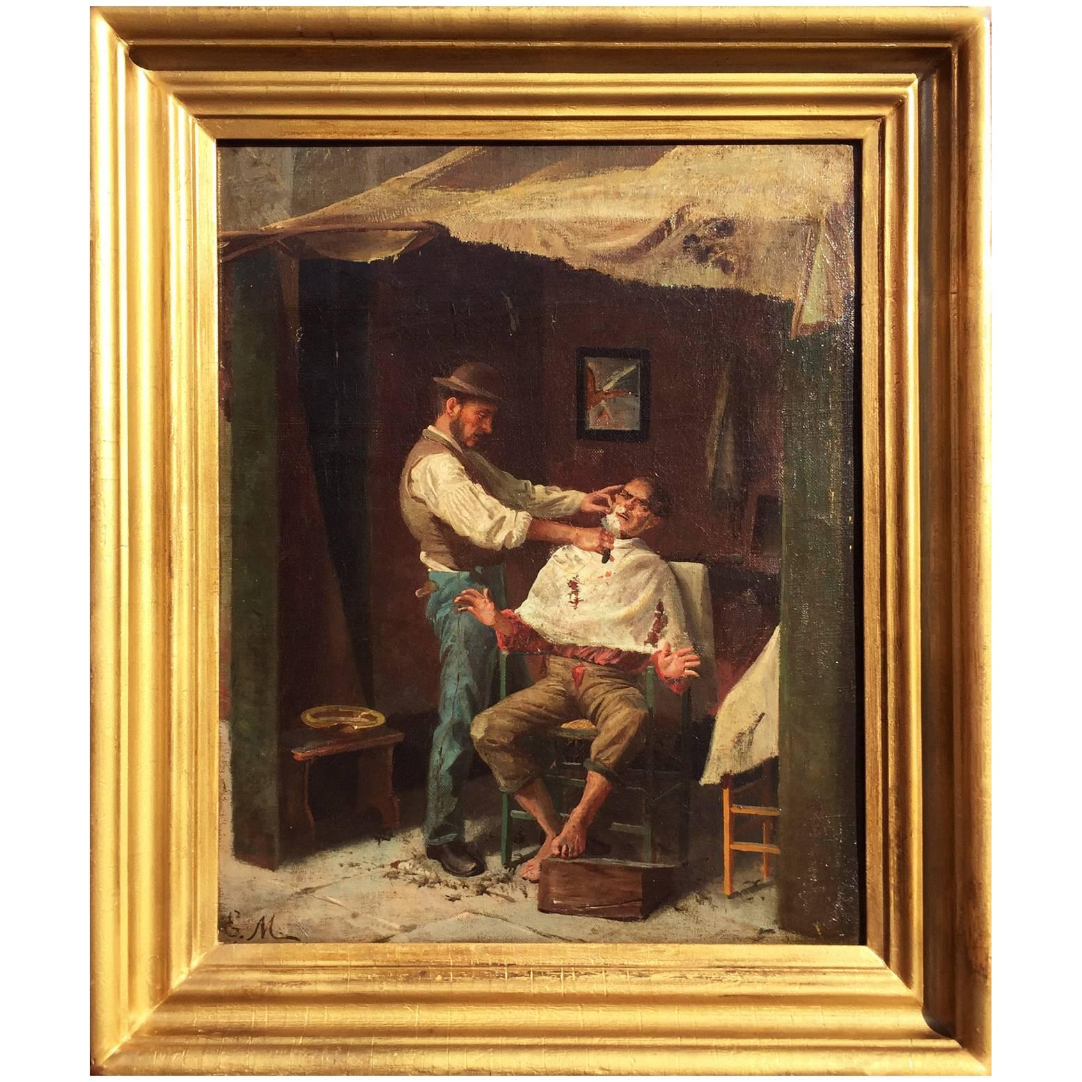 19th Century Oil on Canvas "A Barber Shop" - Signed EW at 1stDibs