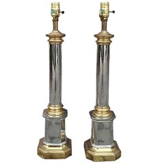 Pair of Mid-20th Century Brass and Steel Column Lamps For Sale at 1stDibs