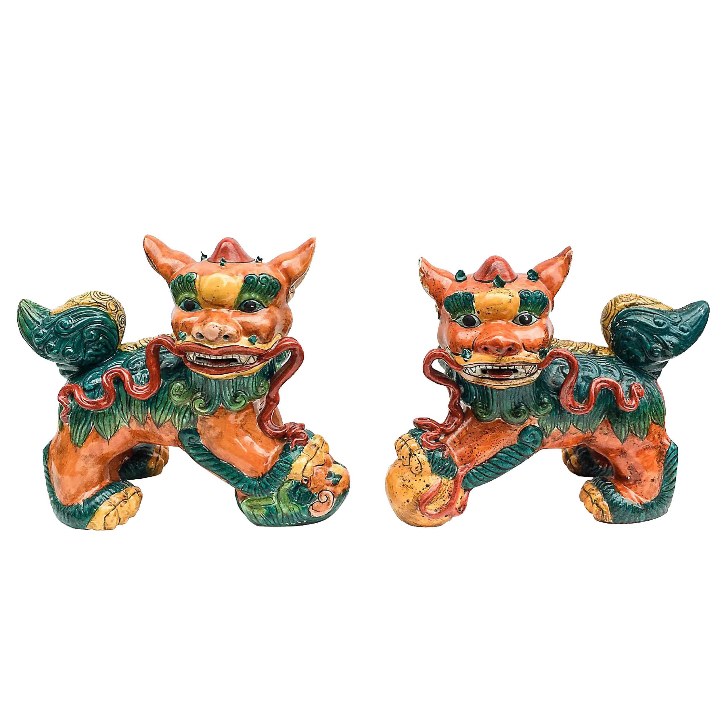 19th Century Large Polychrome Chinese Foo Dog Statues, Pair at 1stDibs