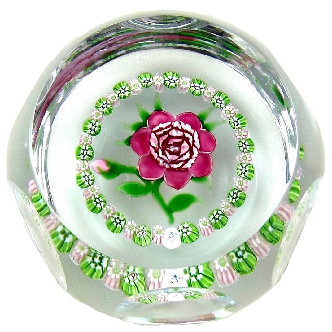 Limited Edition Faceted Rose Paperweight with Millefiori Garland, J ...