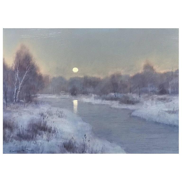 William R. Davis Tonalist Winter Landscape Oil Painting, Frosty Morning ...