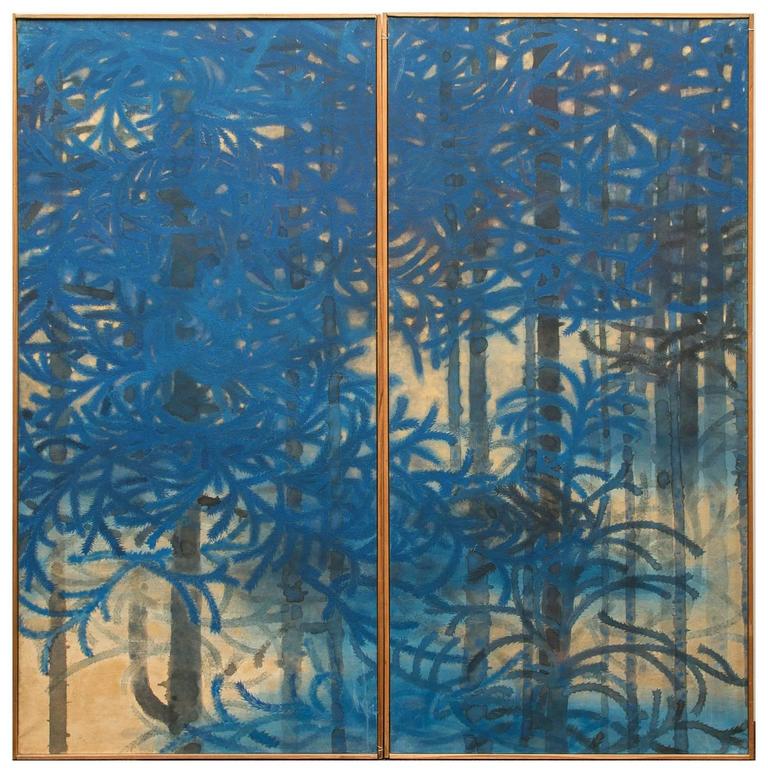 Pair of Fusuma ‘Sliding Door’ Panels, Blue Spruce at 1stDibs