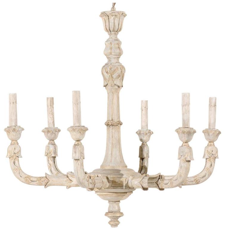 French Vintage Six-Light Wood Chandelier in Neutral Cream-Beige Color ...