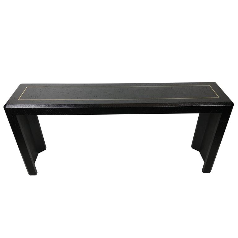 Handsome Black Raffia Console with Inset Brass Trim at 1stDibs