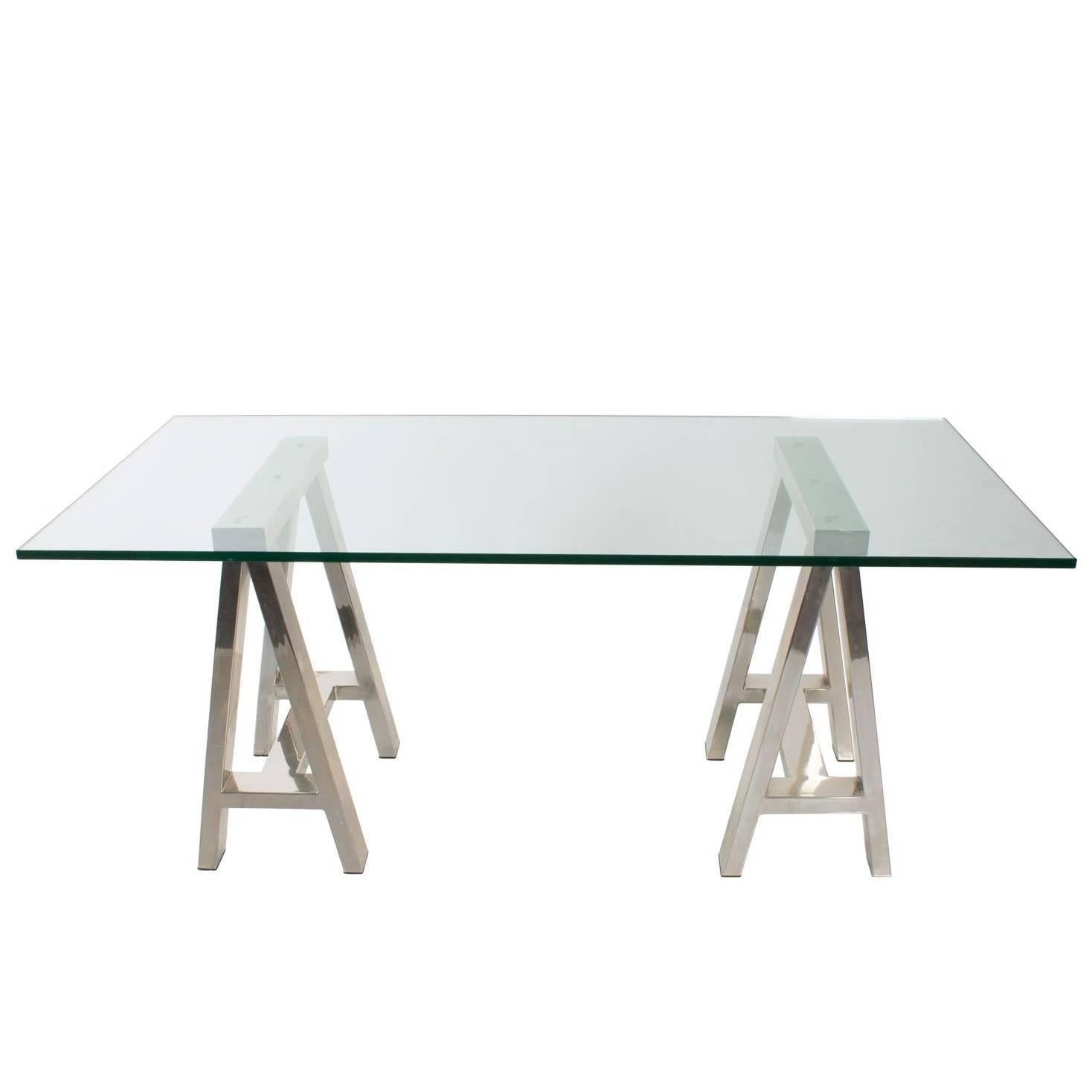 Bamboo Trestle Table with Glass Top and Chrome Detail at 1stDibs