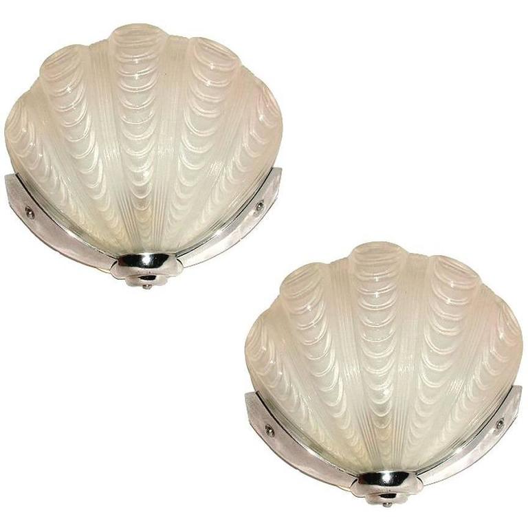 1930s Art Deco Opaque Pair of English Shell Wall Light Sconces at 1stDibs