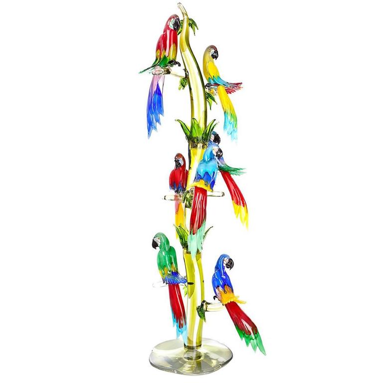 Huge Murano Glass Tree with Seven Colorful Parrots For Sale at 1stDibs
