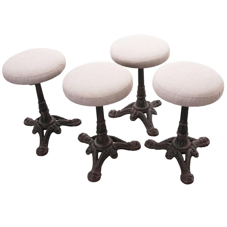 Set of Four French Iron Bistro Stools with Upholstered Seats at 1stDibs