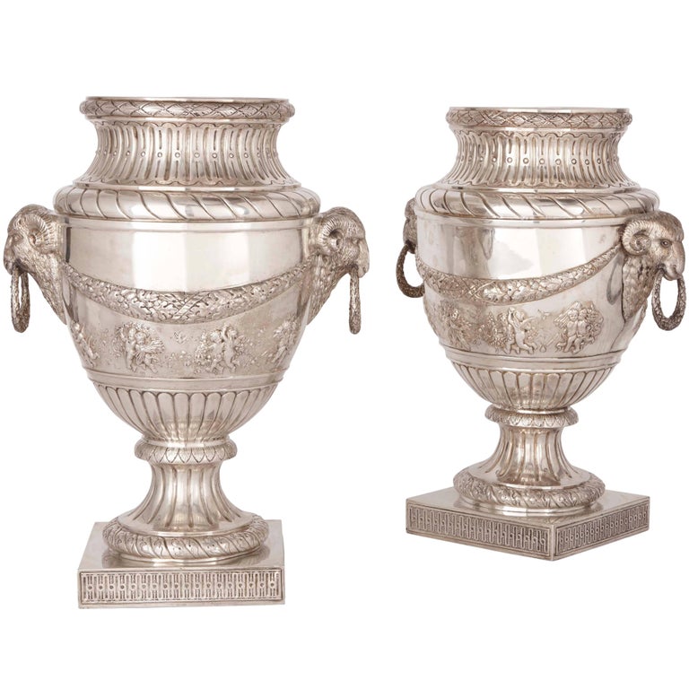 Large Pair of Antique Solid Silver Vases at 1stDibs
