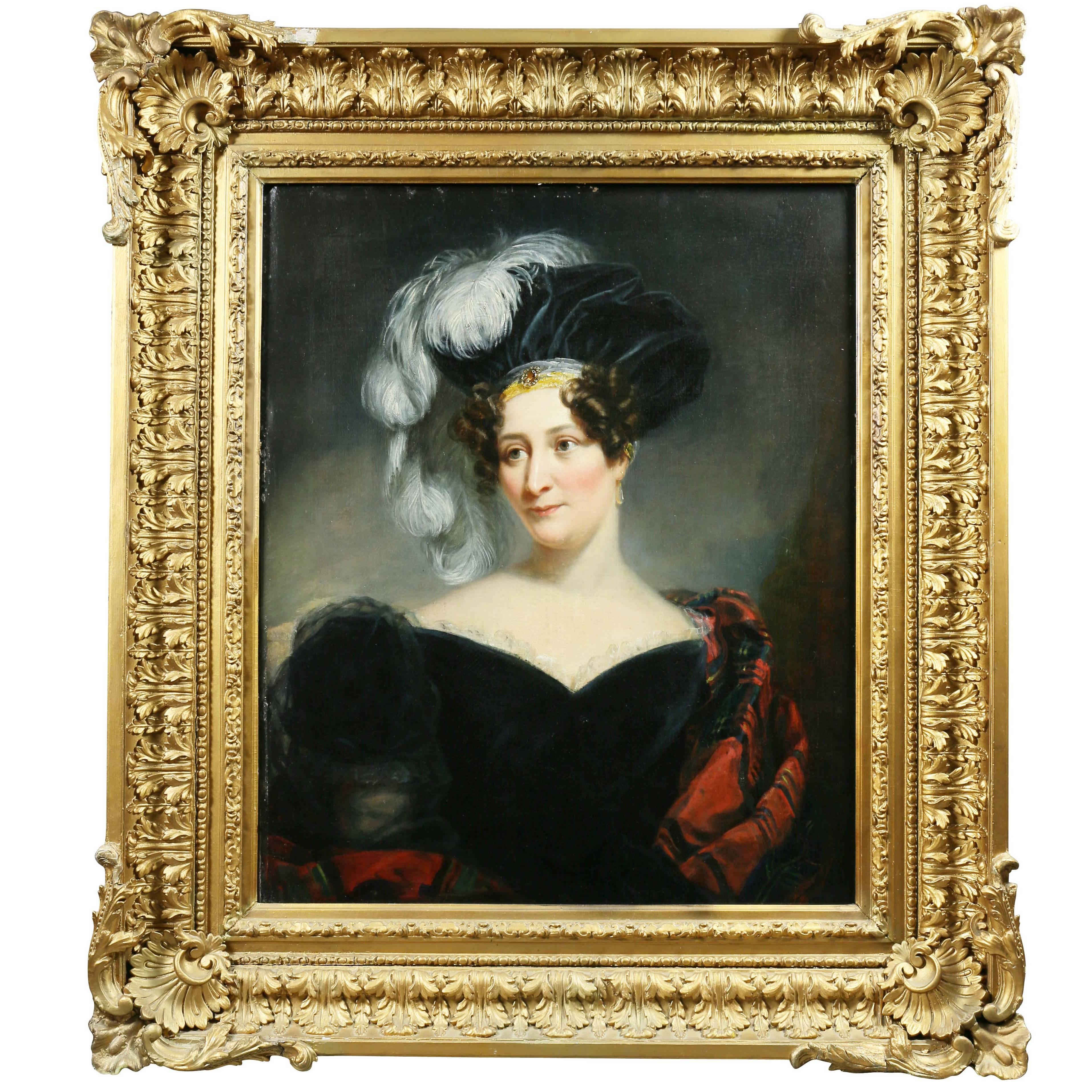 Large Portrait on Canvas of a Woman with Feather Hat at 1stDibs ...