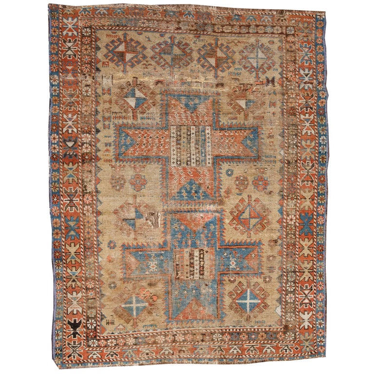 Late 19th Century 'Super Worn' Antique Caucasian Rug For Sale at 1stDibs