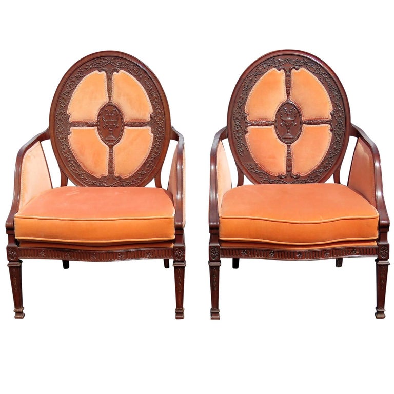 Fine Pair English Mahogany Adams Style Upholstered Back Dining Arm ...