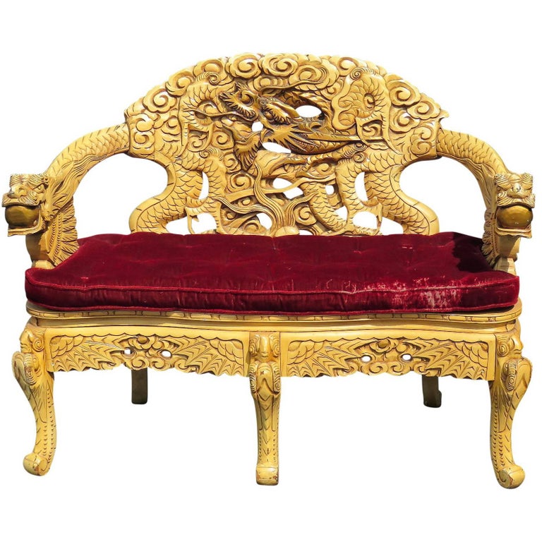 Dragon Carved Painted Chinese Asian Sofa Settee at 1stDibs