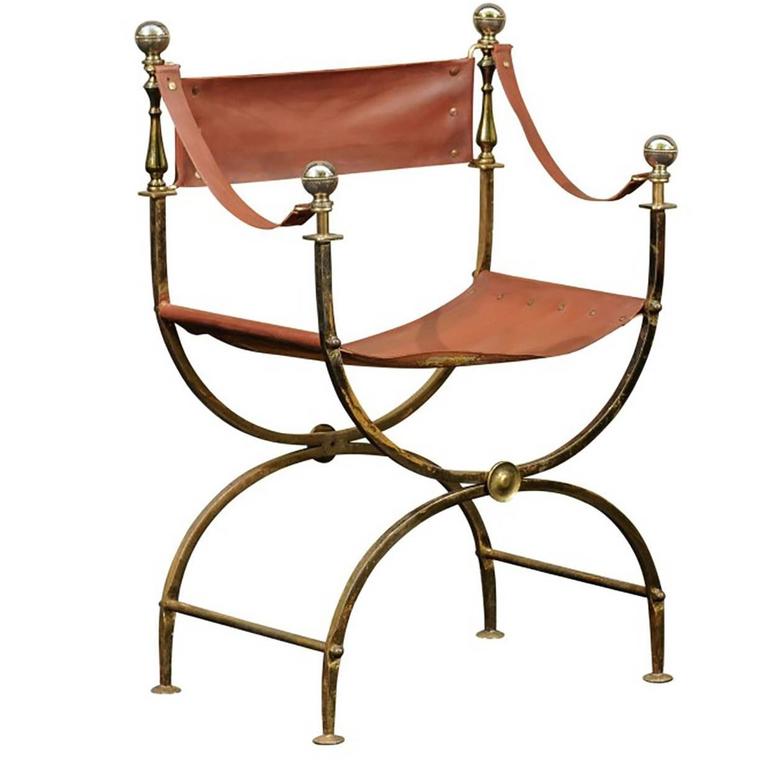 French Regency Campaign Curule Leather and Brass Chair from the 1940s ...