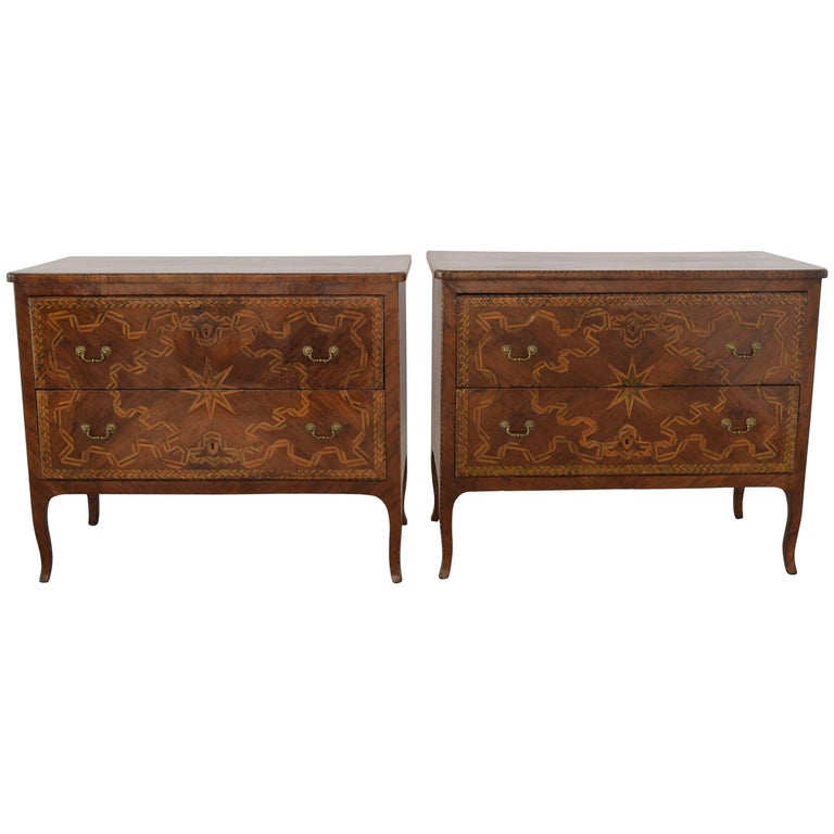 Extraordinary Pair of Italian Walnut and Pearwood Marquetry Two-Drawer ...