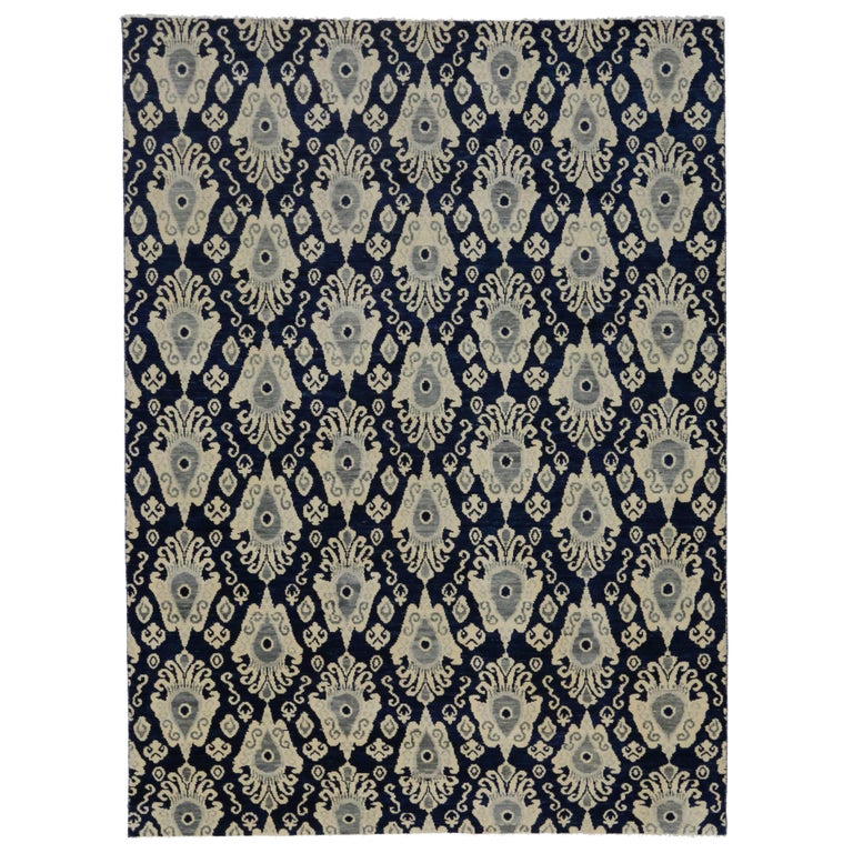 New Contemporary Navy Blue Ikat Area Rug with Modern Hollywood Regency ...