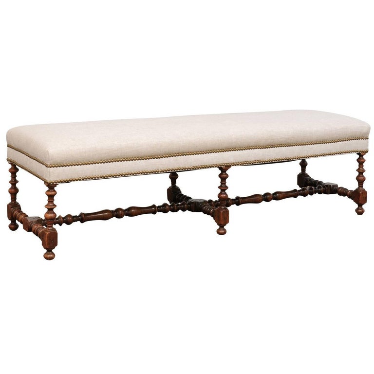 English Early 20th Century Bobbin Leg Backless Upholstered Walnut Bench ...
