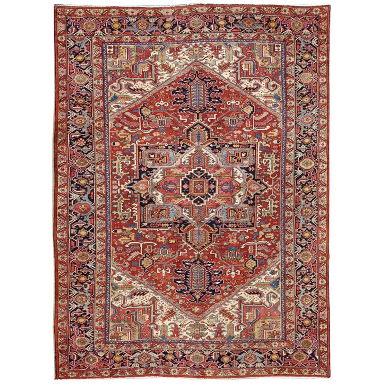Antique Heriz-Serapi Rug with Geometric Medallion in Rust Red, Dark ...