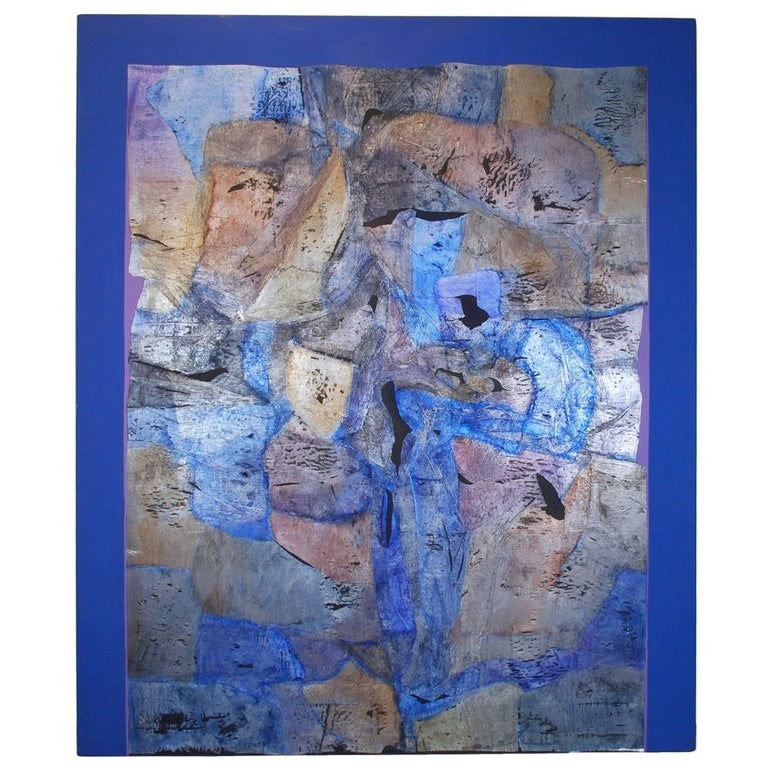 Abstract Blue Silver Leaf Mixed Media Painting Canvas Vera Simons at ...