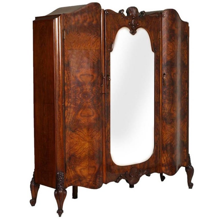 1910s Baroque Venetian Wardrobe with Mirror, Hand-Carved Walnut, Burl ...