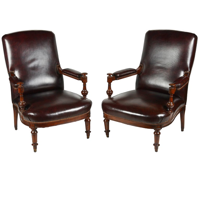 Pair of 19th Century Leather Upholstered Library Chairs at 1stDibs