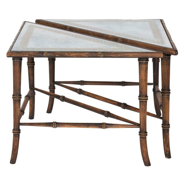 Pair of Wood Base Glass Triangular Top Tables at 1stdibs