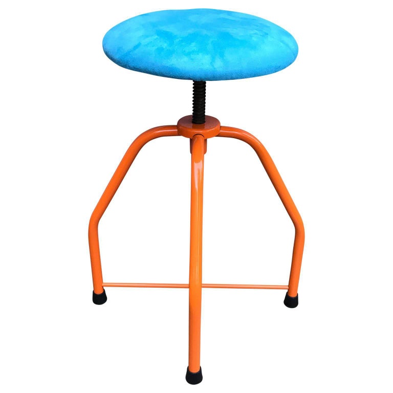 Industrial Orange Powder Coated Blue Suede Stool For Sale at 1stDibs