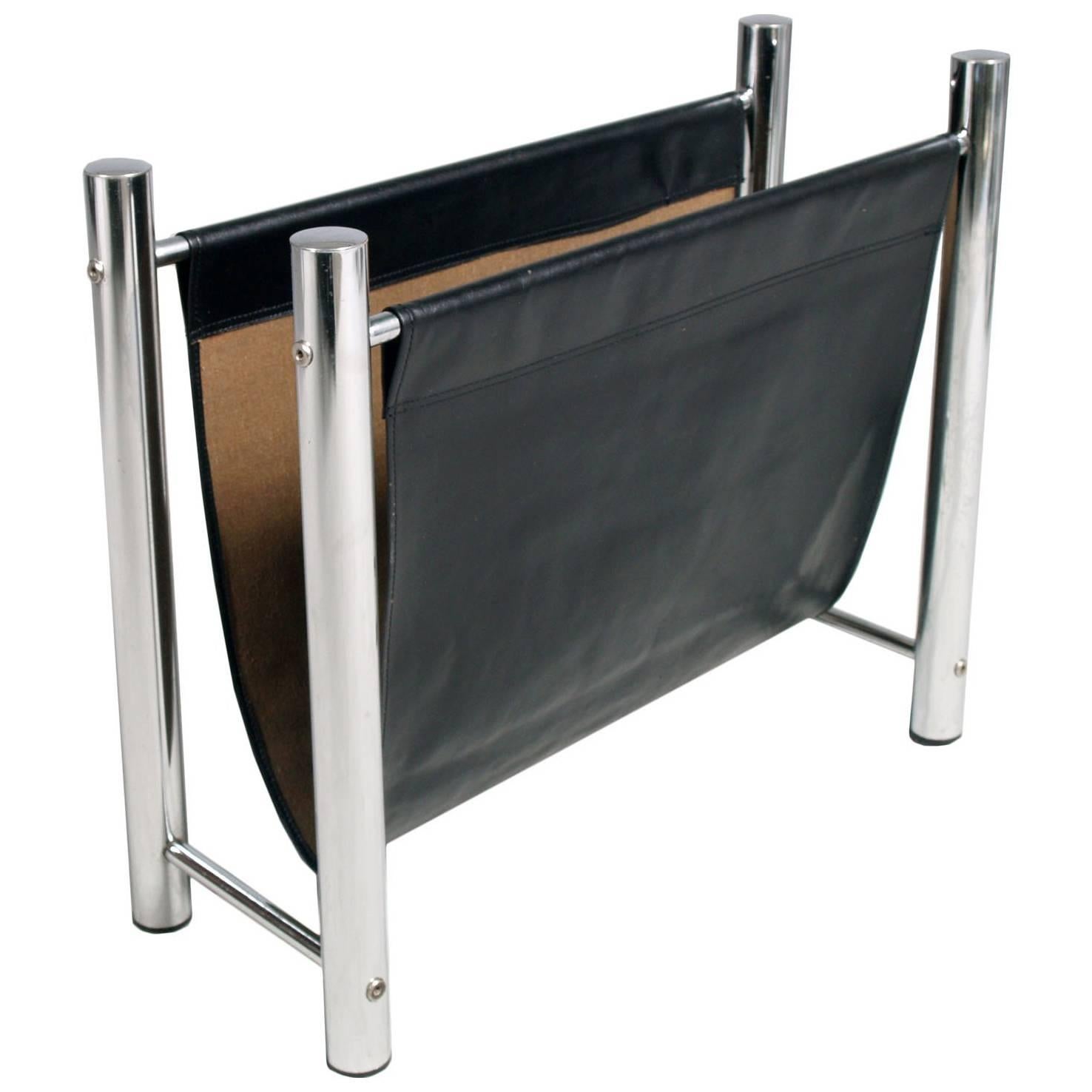 1960s Mid-Century Modern Chrome and Leatherette Magazine Rack Zanotta ...