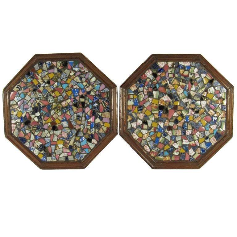 Pair of Antique Octagonal Pique Assiette Memory Ware Decorative Plaques ...
