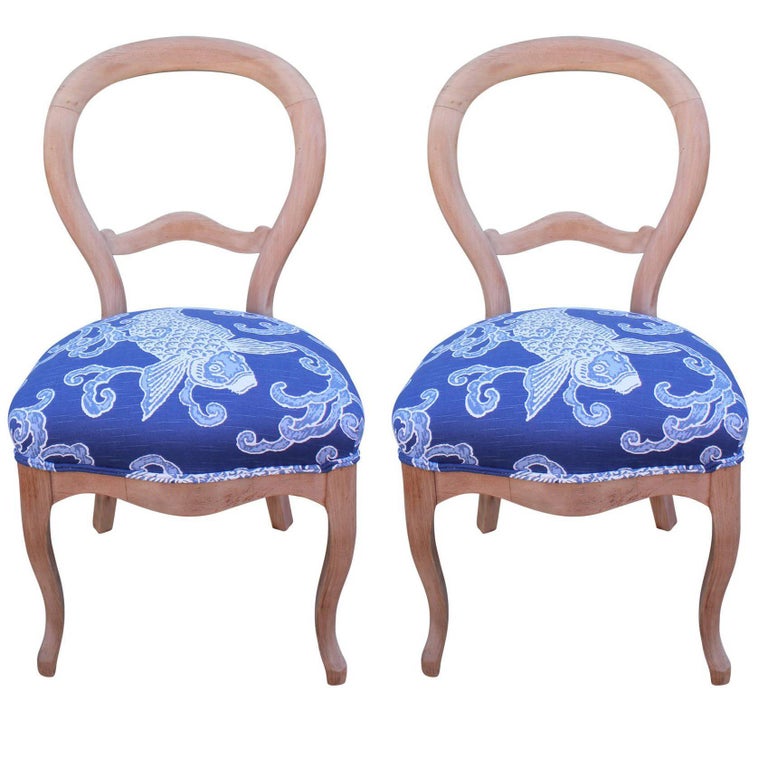 Pair of Victorian Bleached Side Chairs with Balloon Back in Blue Koi ...
