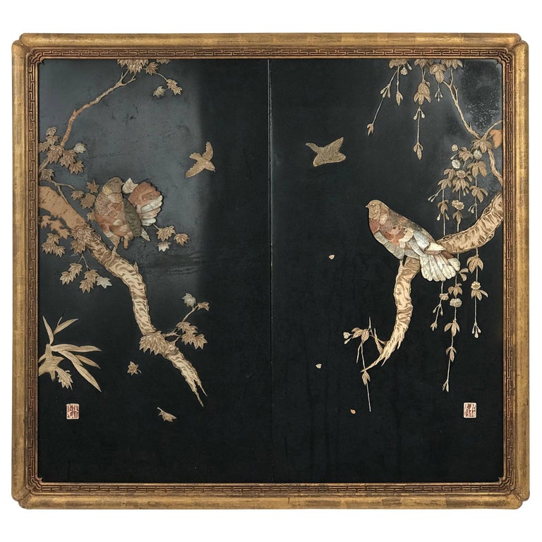 Japanese Lacquered Panel with Inlaid Mother-of-Pearl Bird Design at 1stDibs