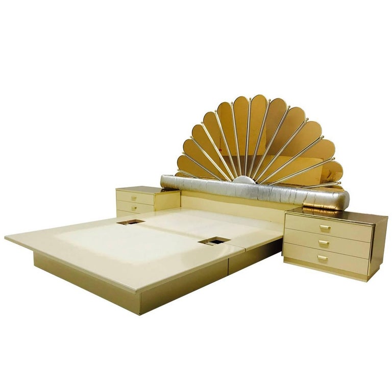 Bronze Mirrored Queen Platform Bed and Nightstands by Rougier at 1stDibs